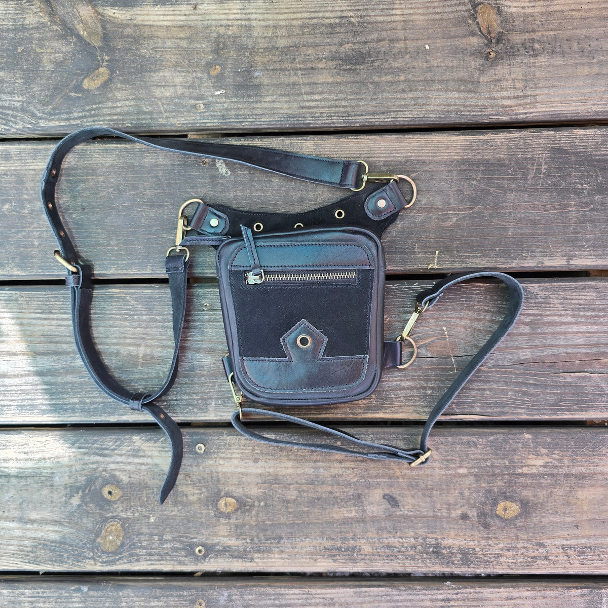 Small Black Genuine Leather and Black Suede Drop leg Bag with Adjustab ...