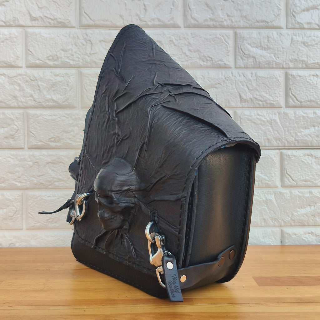 Handcrafted Vegetal Leather Black Embossed Skull Motorcycle Saddle Bag ...