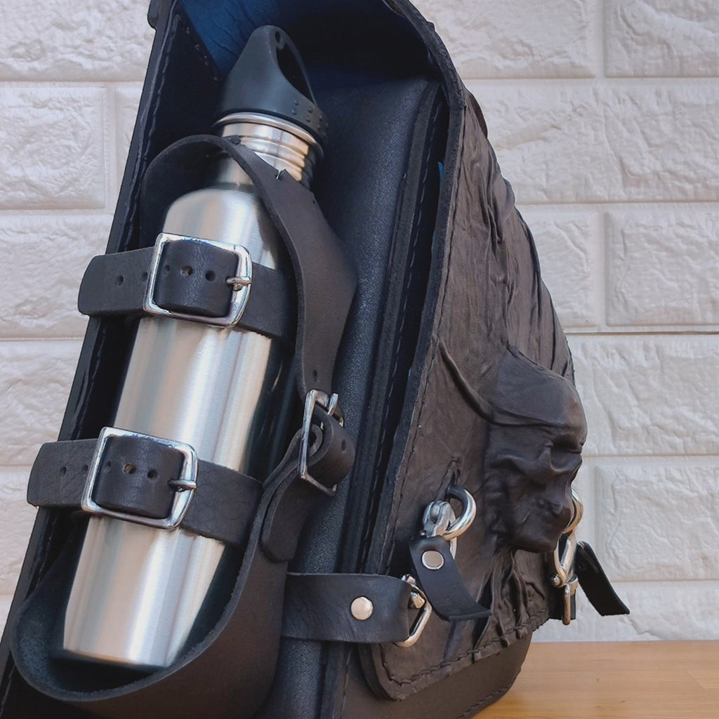 Handcrafted Vegetal Leather Black Embossed Skull Motorcycle Saddle Bag ...