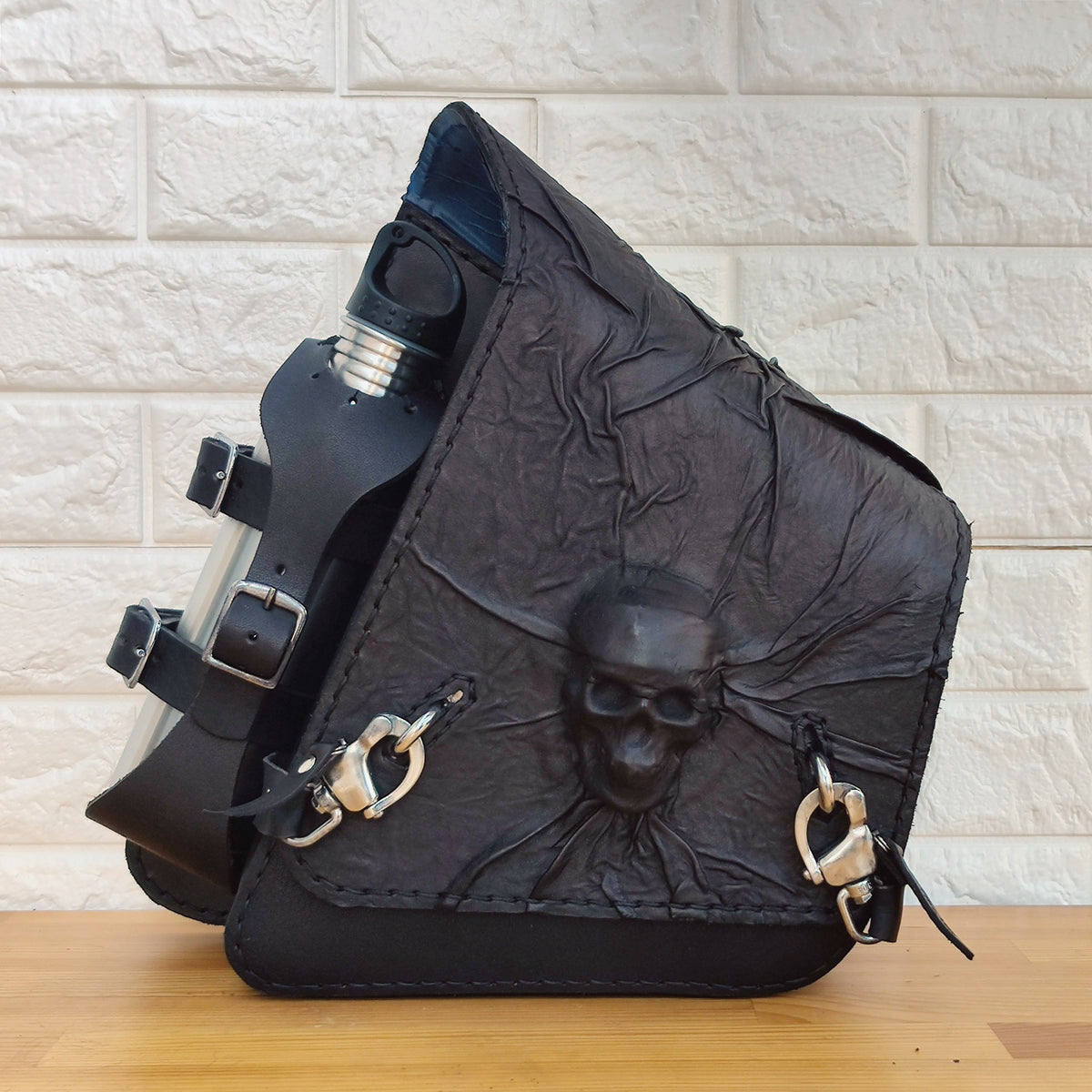 Handcrafted Vegetal Leather Black Embossed Skull Motorcycle Saddle Bag ...